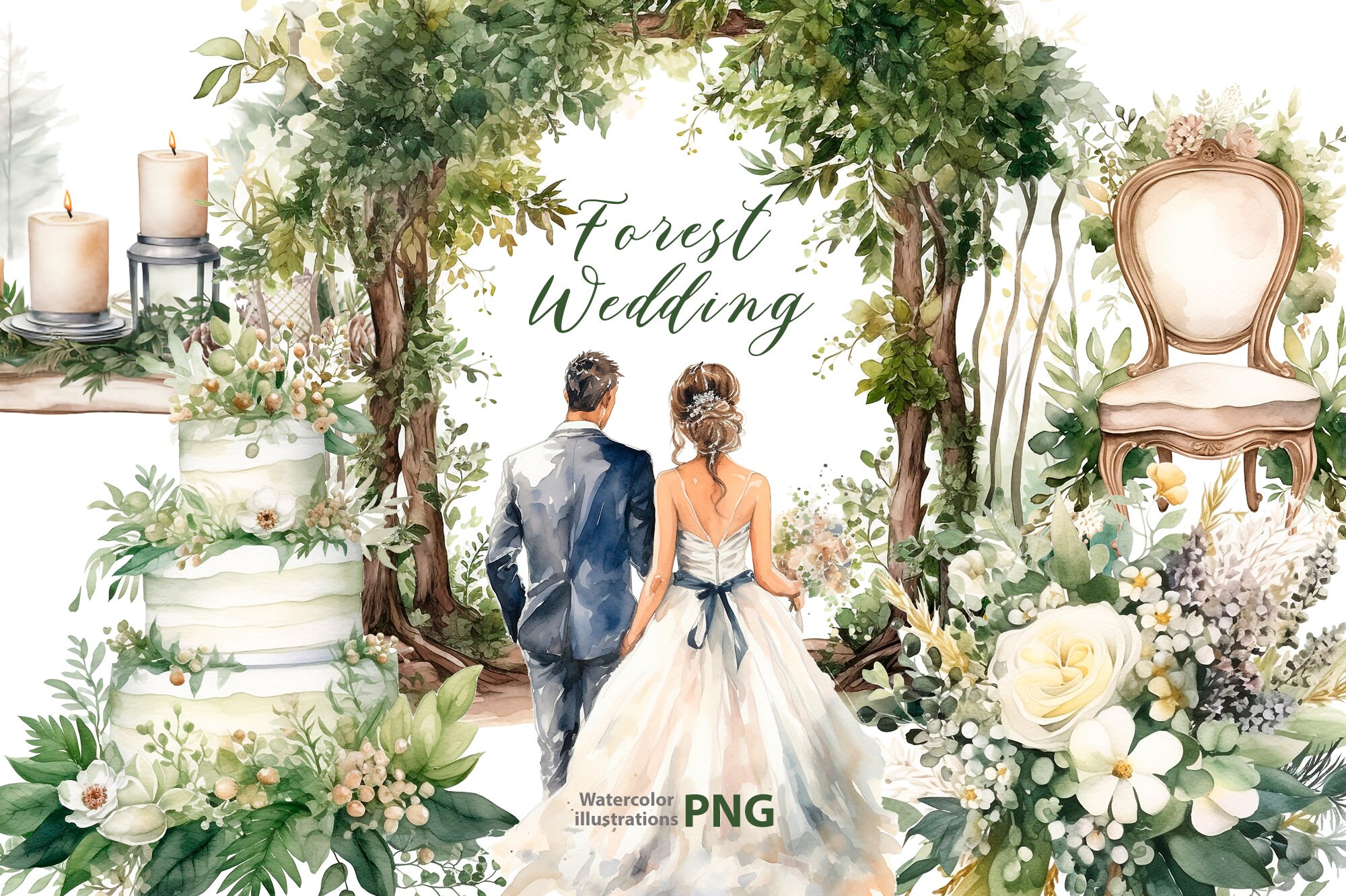 Watercolor Wedding Clipart Set, 10 Png, Natural Style Clipart, Forest ...
