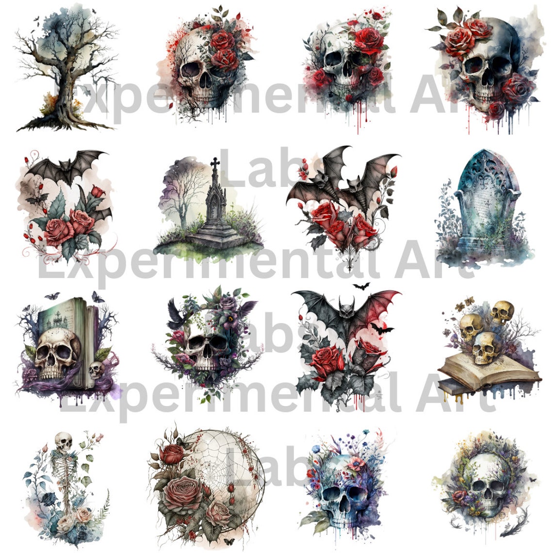 Gothic Floral Skull Clipart Anatomical Valentine Illustrations Digital ...