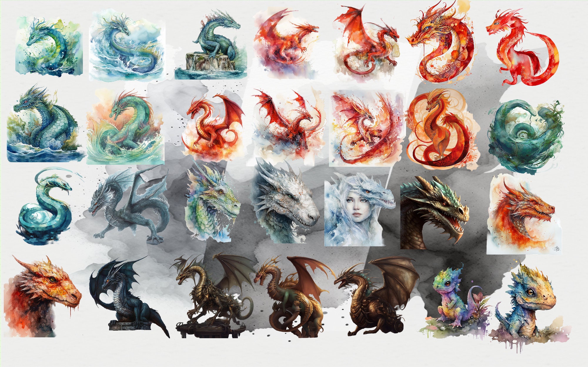 Watercolour Mythical Dragons Clipart Rainbow PNG Digital Image ...