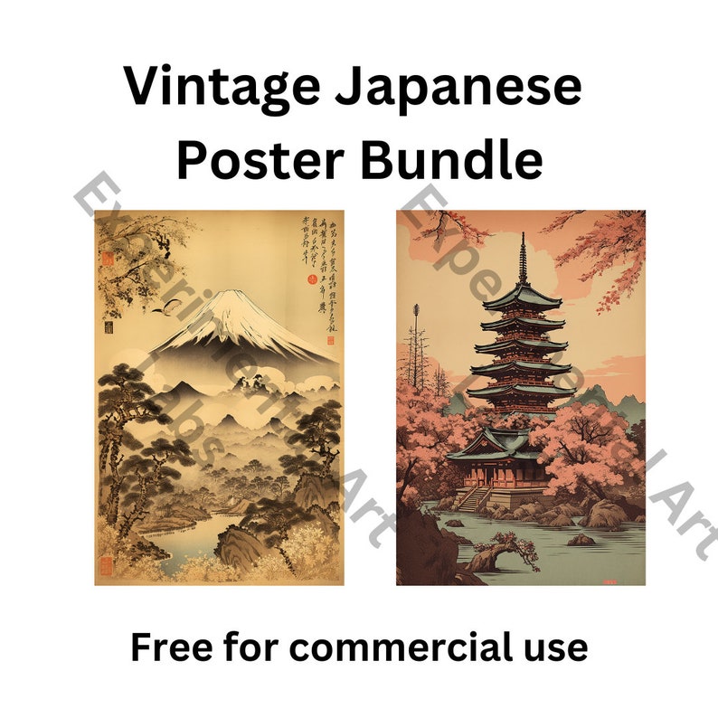 31 Japanese Vintage Poster Clipart Cherry Blossom Clipart Japanese Temple Clipart Poster Bundle ...