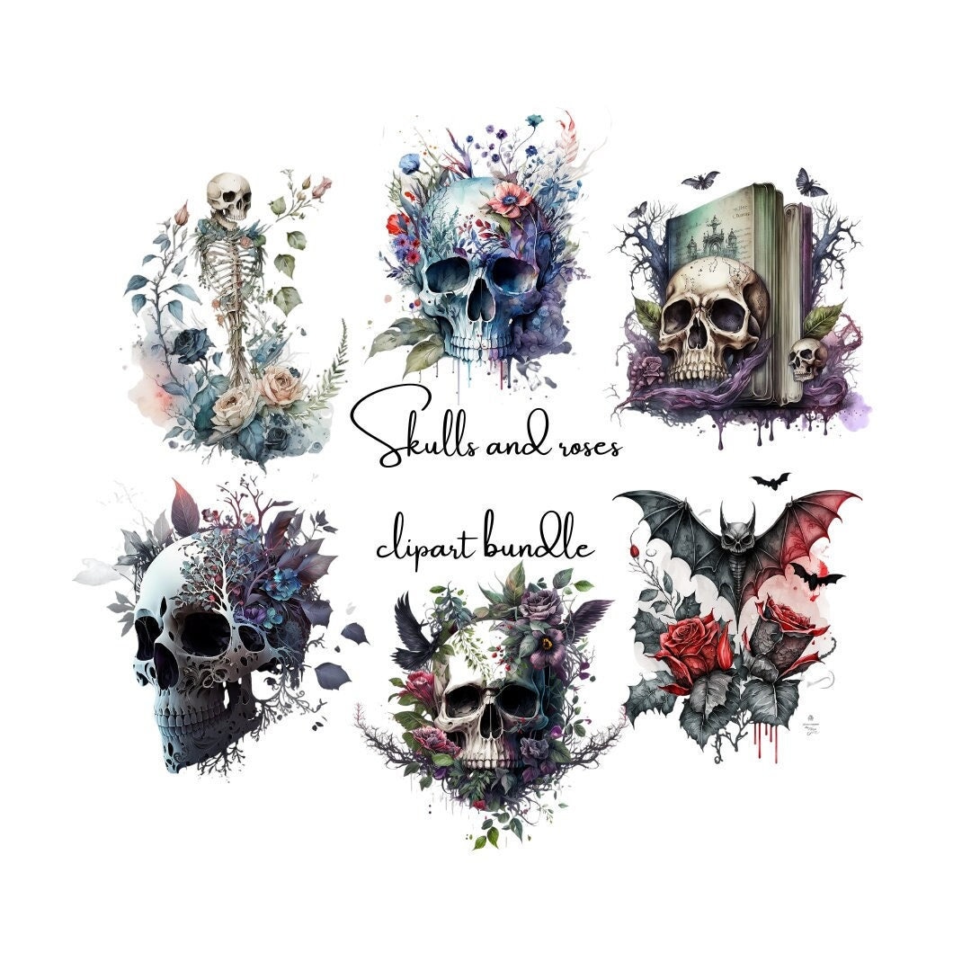 Gothic Floral Skull Clipart Anatomical Valentine Illustrations Digital ...