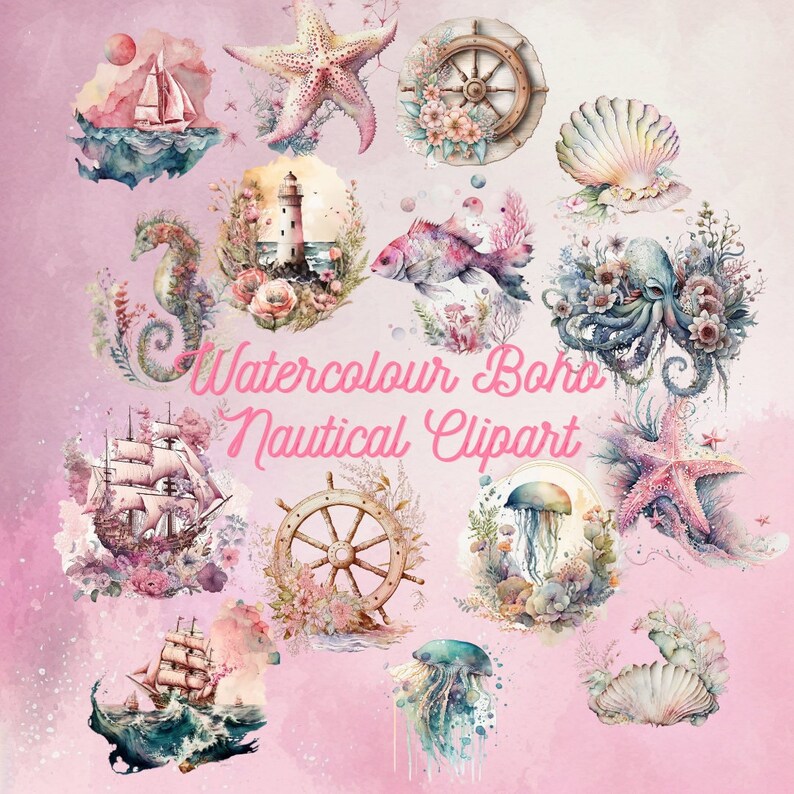 Watercolor Boho Nautical Clip Art Ocean Beach Wedding Clip Art Boho Art ...