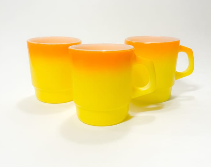 Orange Ombre Fire King Mugs Set of 4, Anchor Hocking Orange Mugs ...