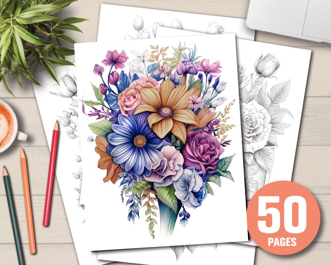 Flower Bouquet Coloring Pages: 50 Printable Designs (PDF Download) - Etsy
