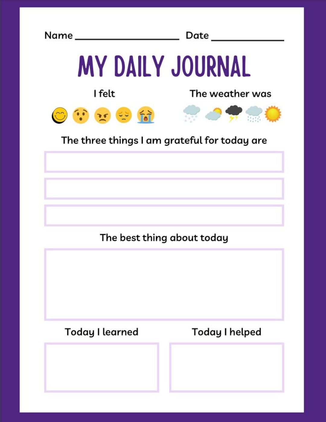 Kids Daily Journal Social Emotional Learning Worksheet for Kids - Etsy