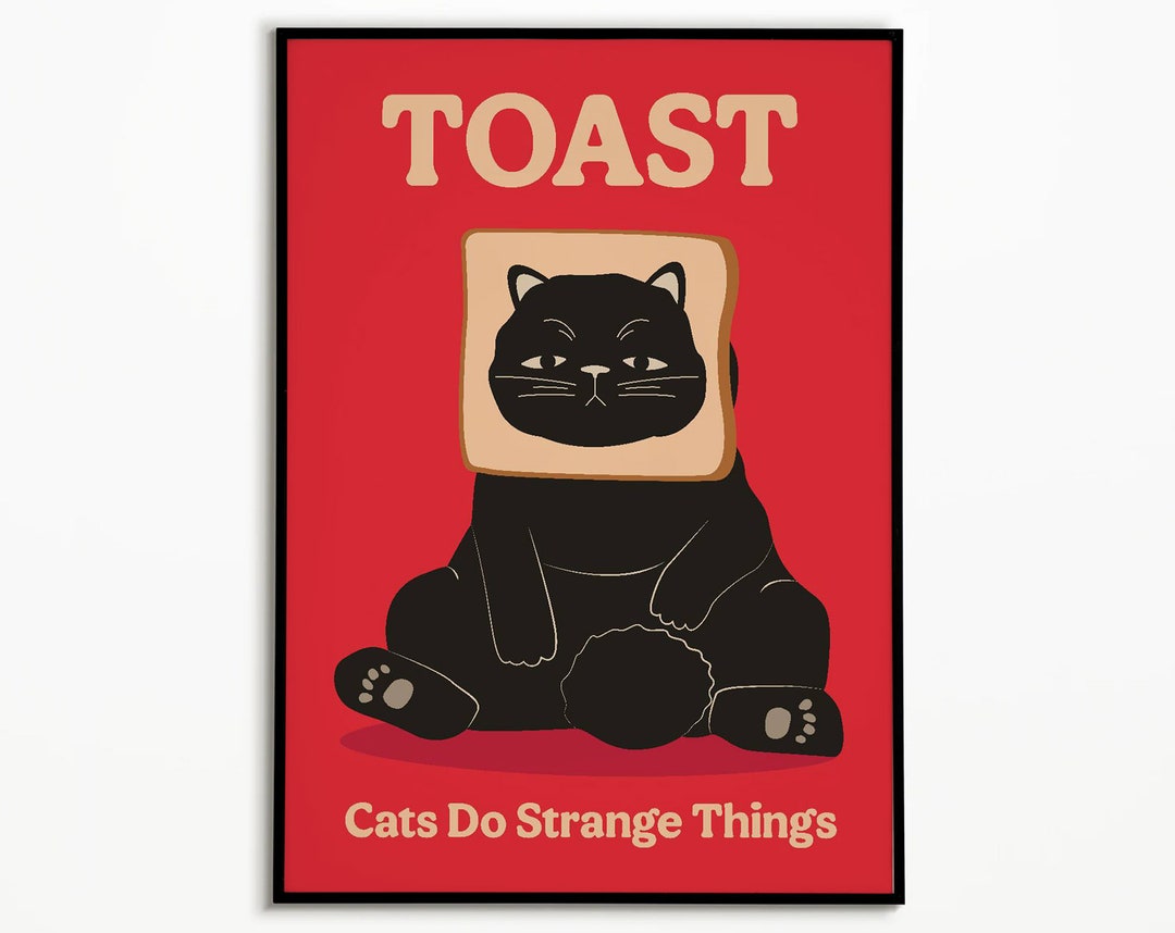 Cat With Toast Bread Poster, Ouirky Wall Art, Dorm Room Decor, Retro ...