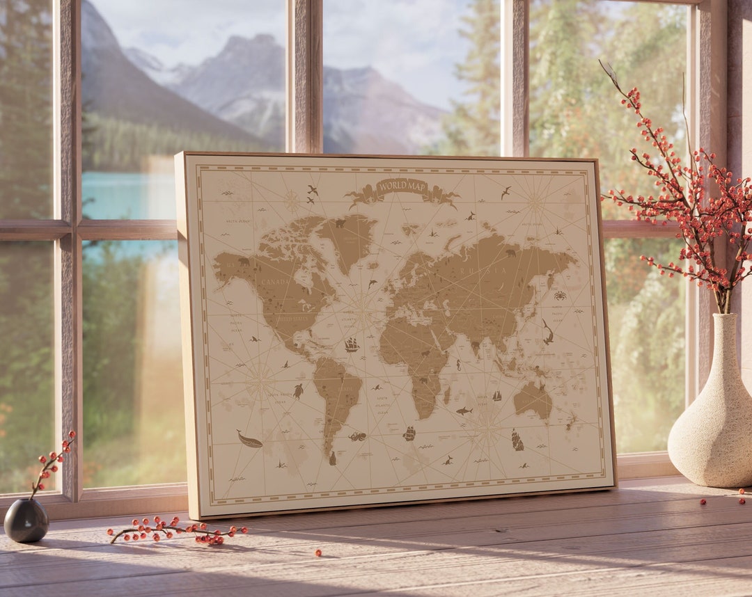 Vintage World Map Poster: Minimalist Cartography Wall Art - Etsy