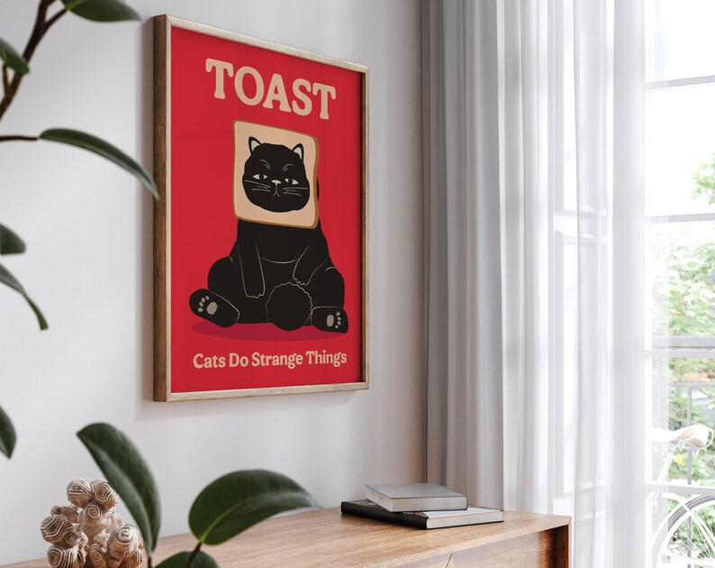 Cat With Toast Bread Poster, Ouirky Wall Art, Dorm Room Decor, Retro ...