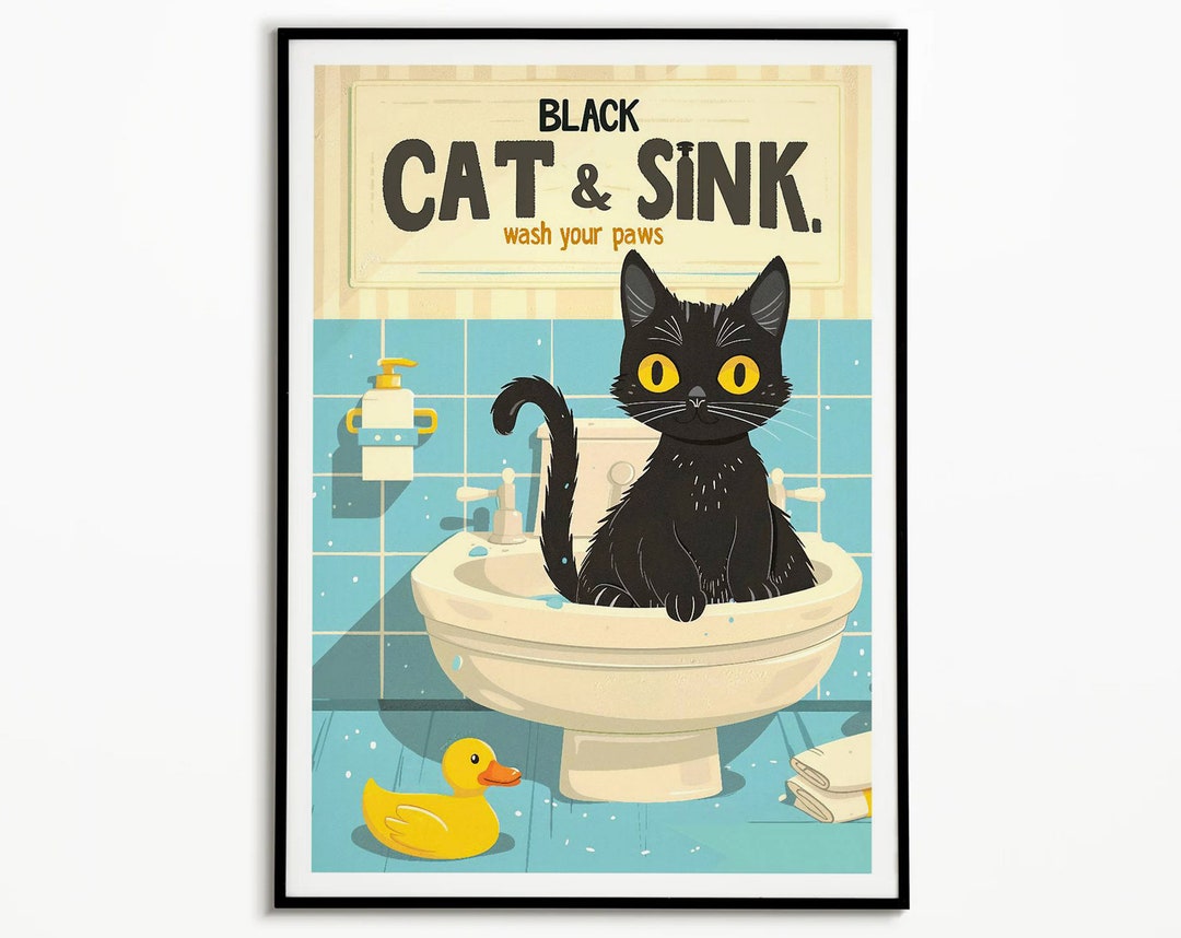 Black Cat Sink Poster Vintage Bathroom Decor Art Print Etsy