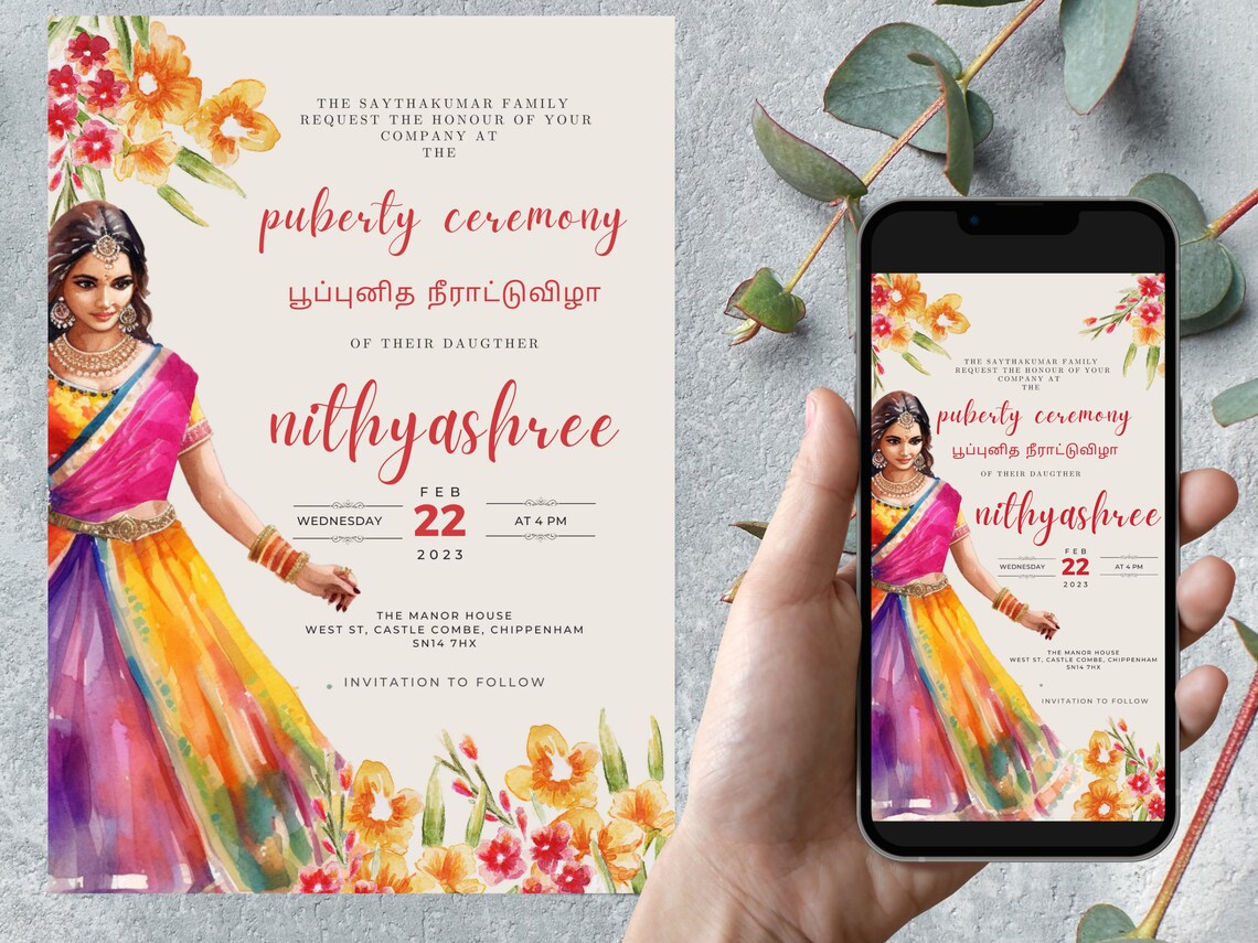 Tamil Puberty Ceremony Invitation | Half Saree Invitation (digital ...