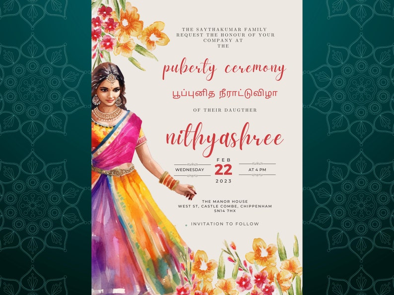 Tamil Puberty Ceremony Invitation | Half Saree Invitation (digital ...