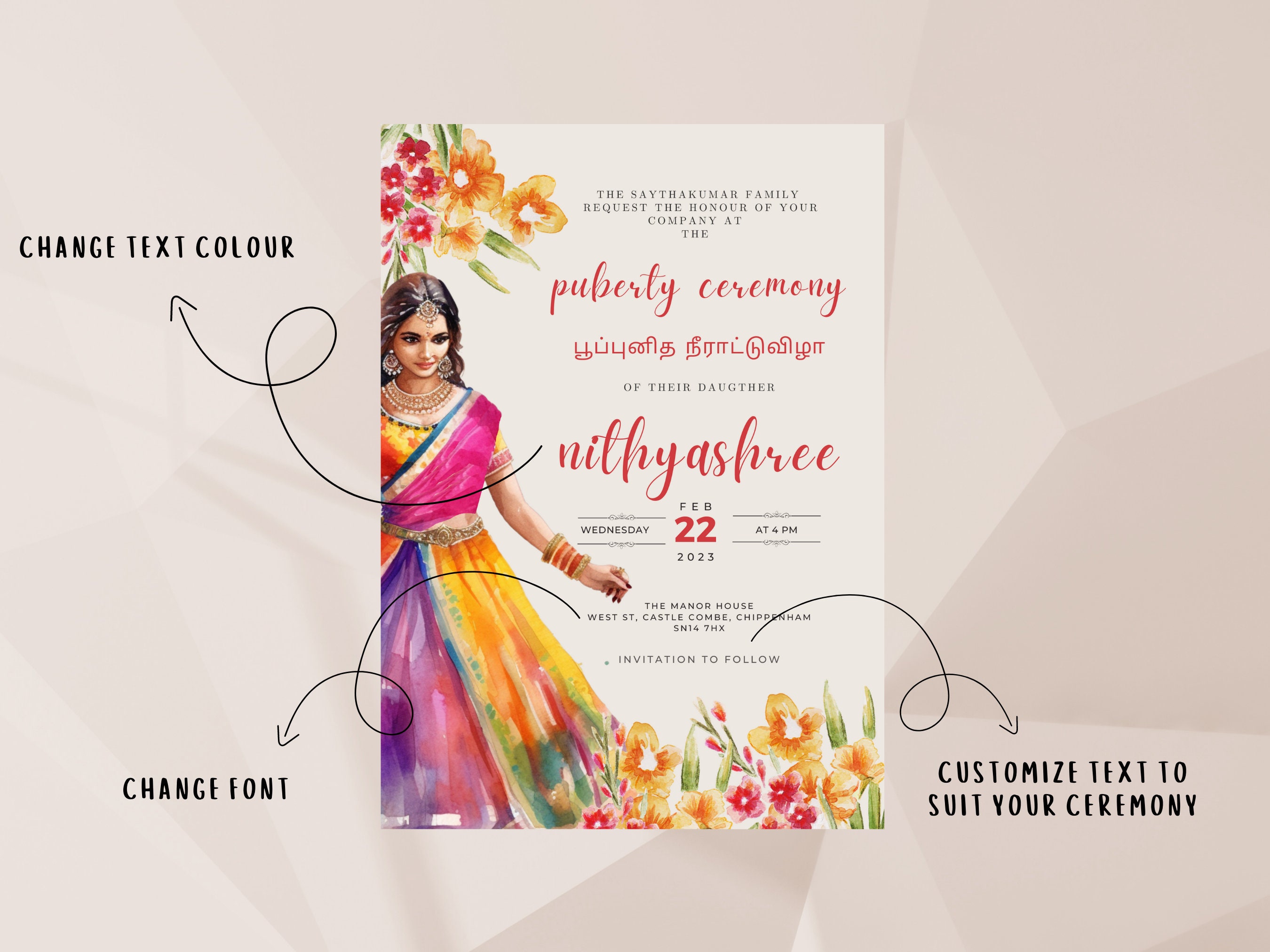 Puberty Ceremony Invitation | Half-saree Ceremony Invitation | Instant ...