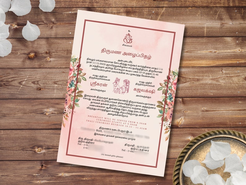 Tamil Wedding Invitation Blush Pink Floral | Editable Instant Download ...