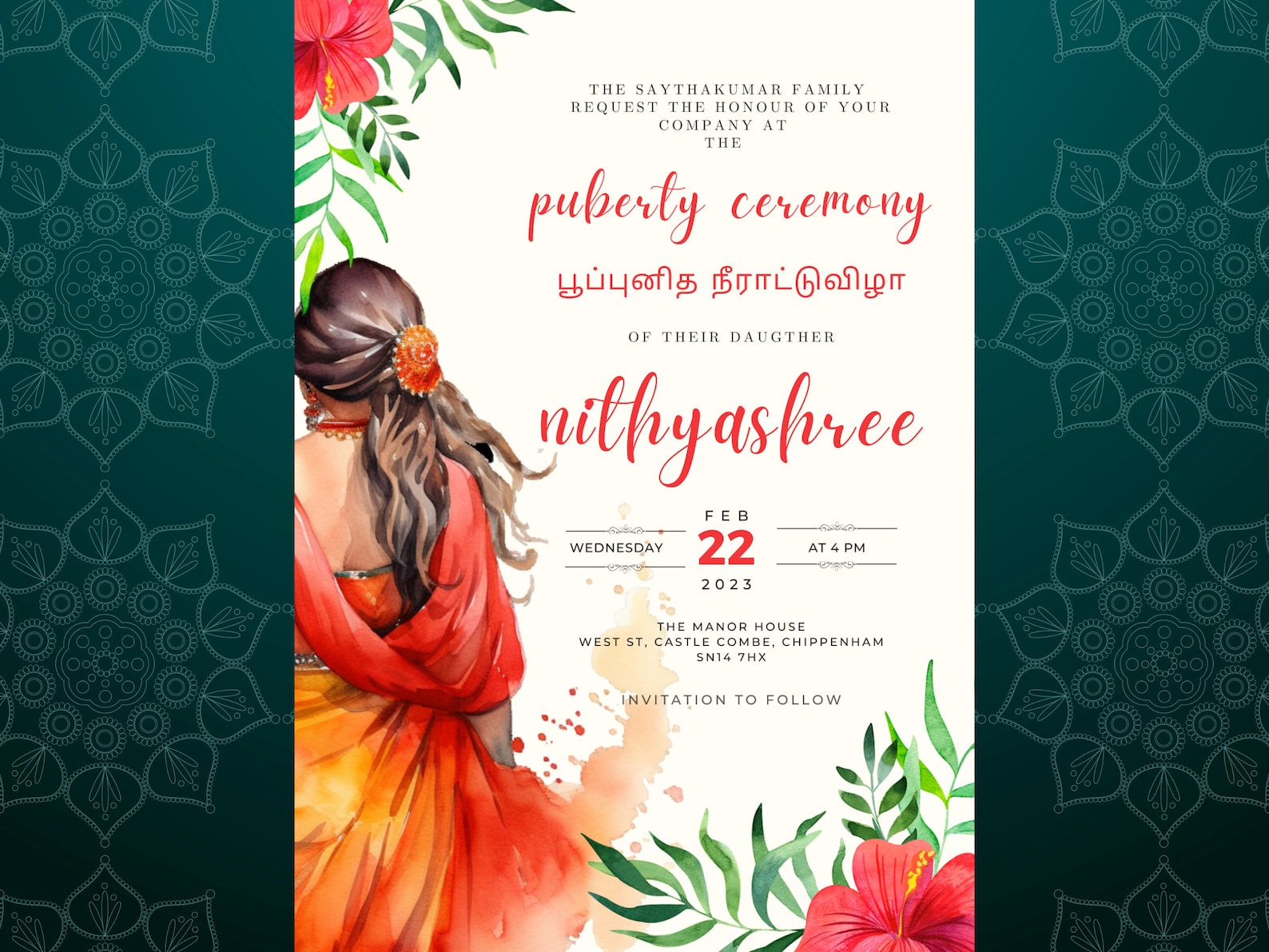 Puberty Ceremony Invitation | Half-saree Ceremony Invitation | Instant ...