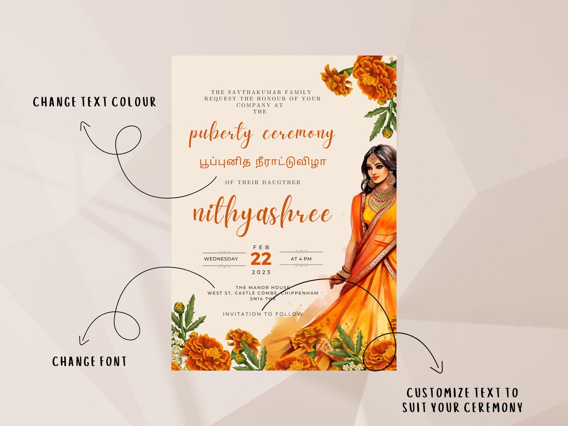 Puberty Ceremony Invitation | Half-saree Ceremony Invitation | Instant ...
