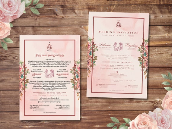 Tamil Wedding Invitation Blush Pink Floral Editable Instant Download Canva Template Indian Sri lankan Tamil Wedding Etsy