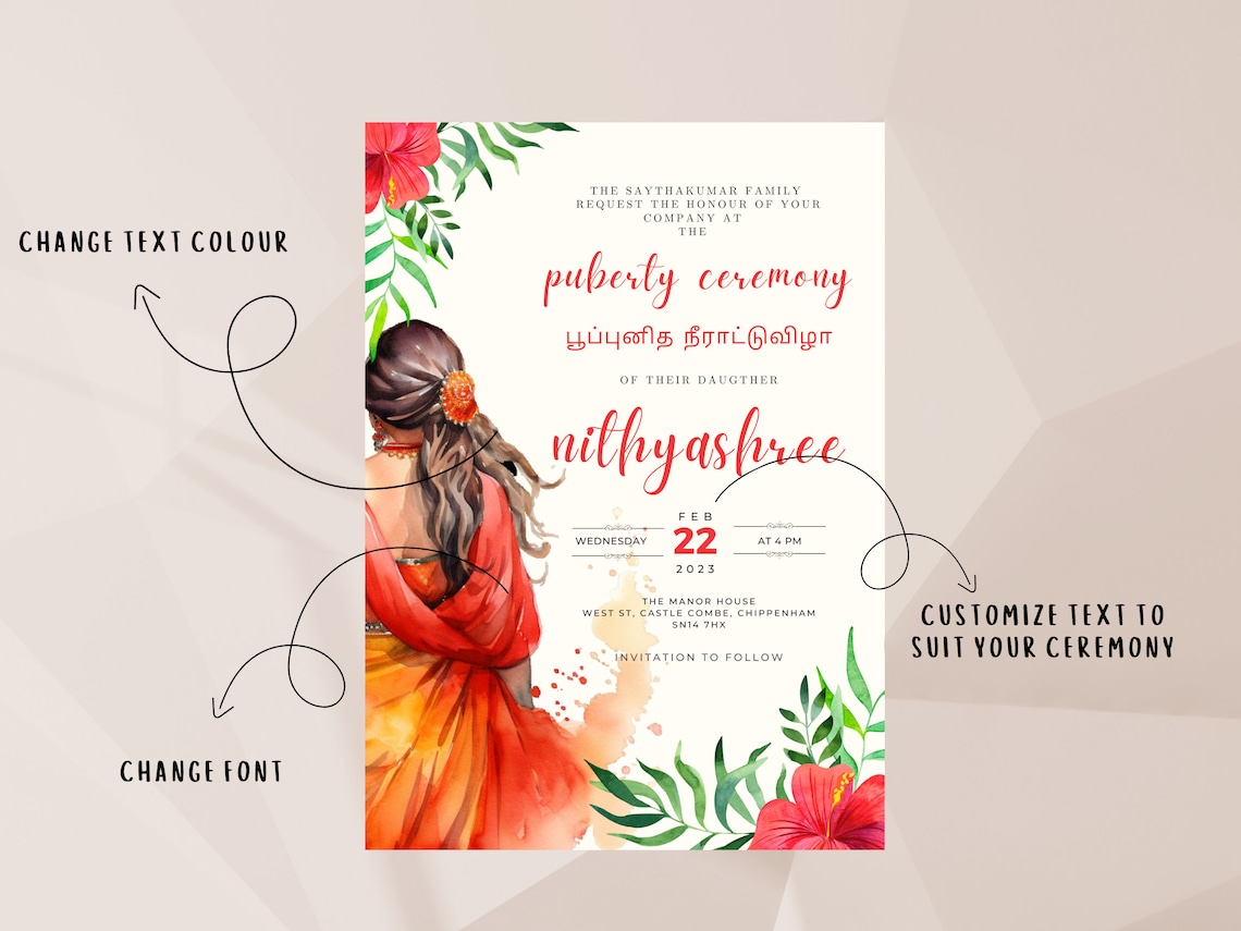 Tamil Puberty Ceremony Invitation | Half Saree, Manjal Neerattu Vizha ...