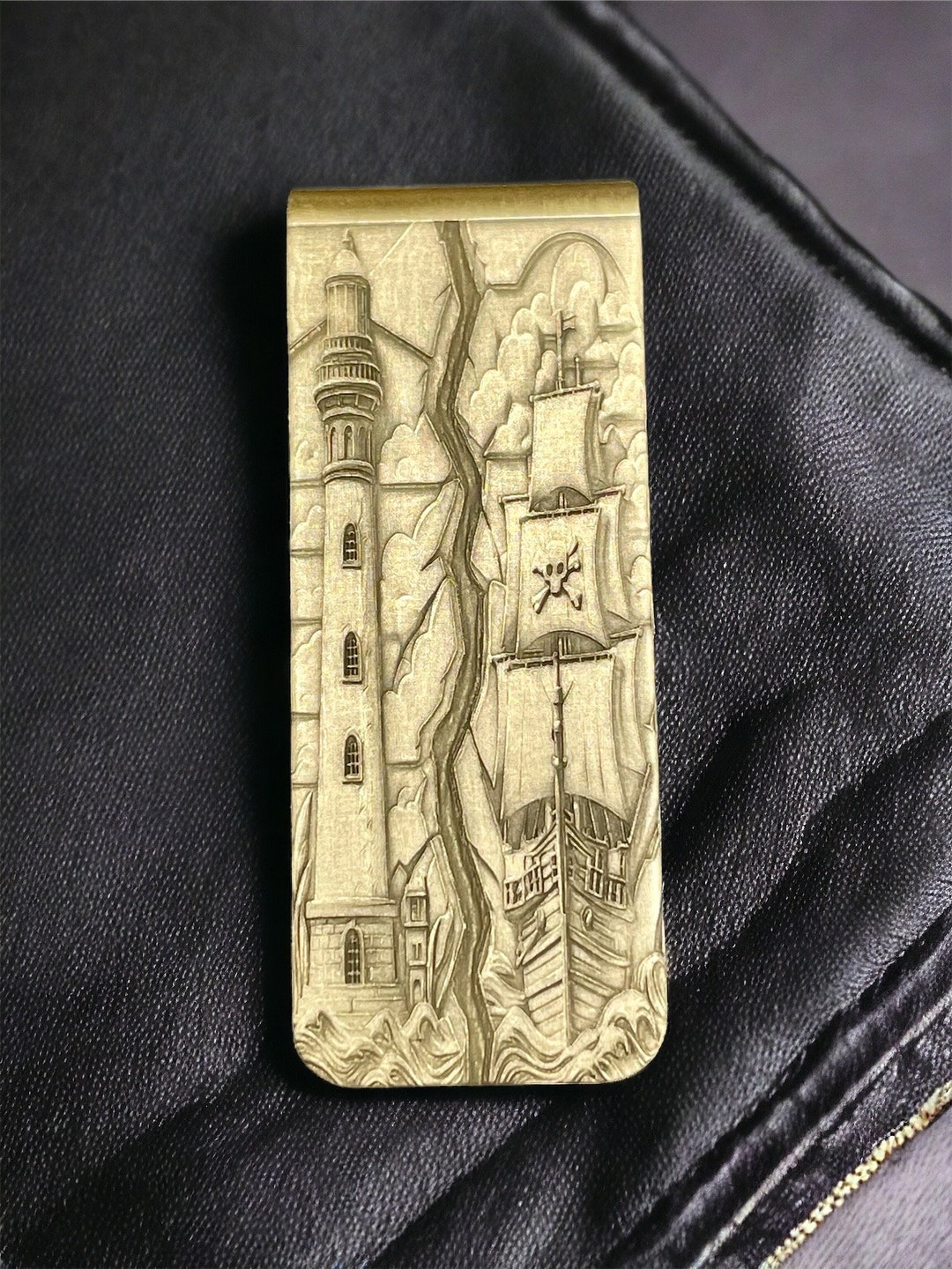 Maritime Adventure: Brass Money Clip With Lighthouse and Pirate Ship ...