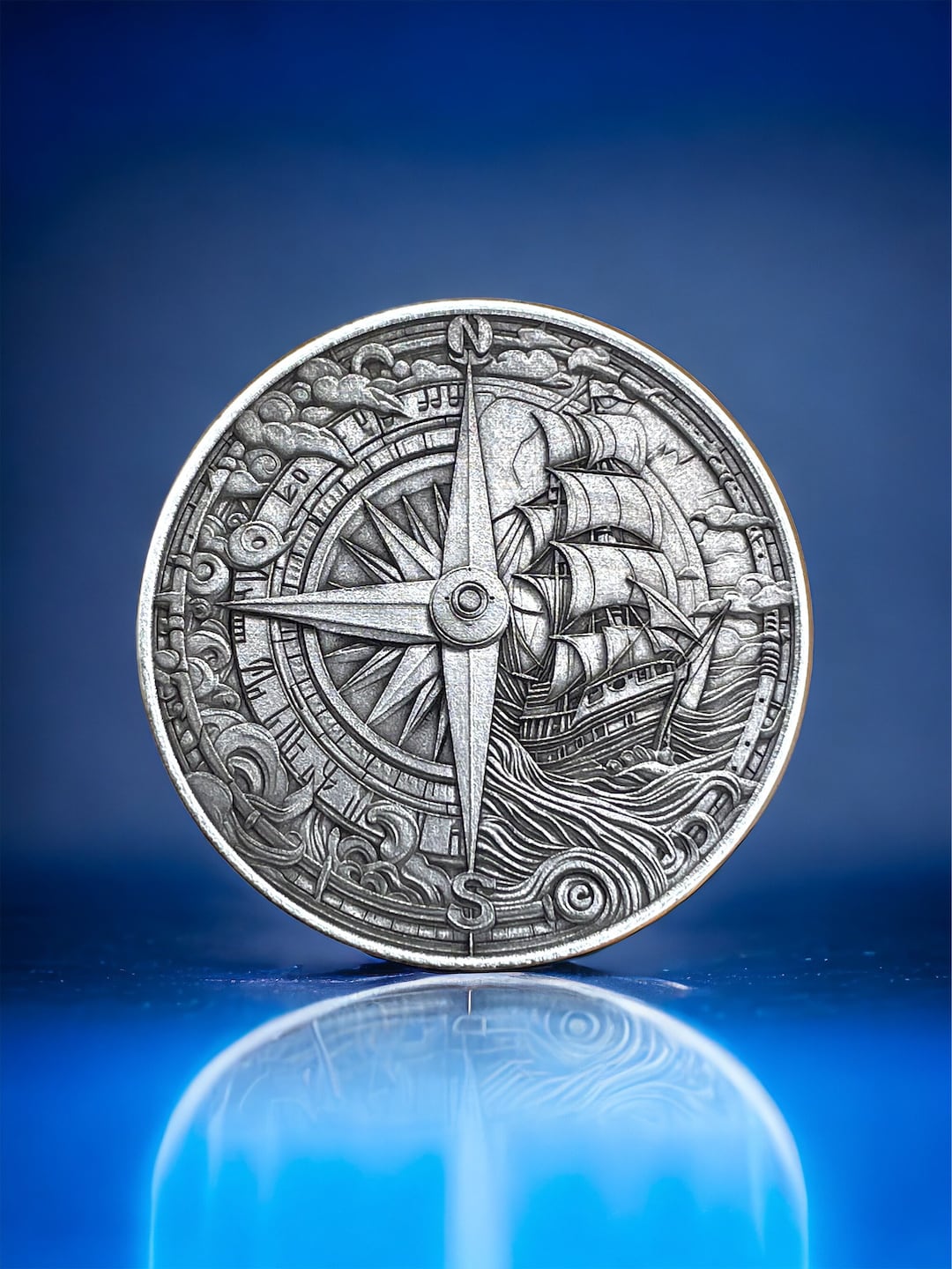 Voyager's Duality - Brass Coin With Compass and Pirate Ship (double ...