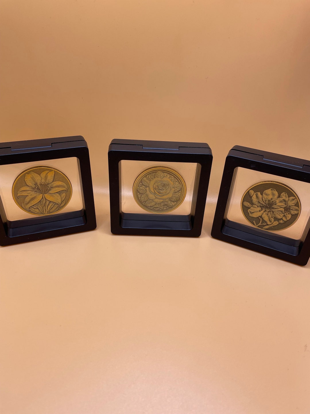 Botanical Brass Coin Set - Cherry Blossom, Rose, and Lily - Symbolic ...