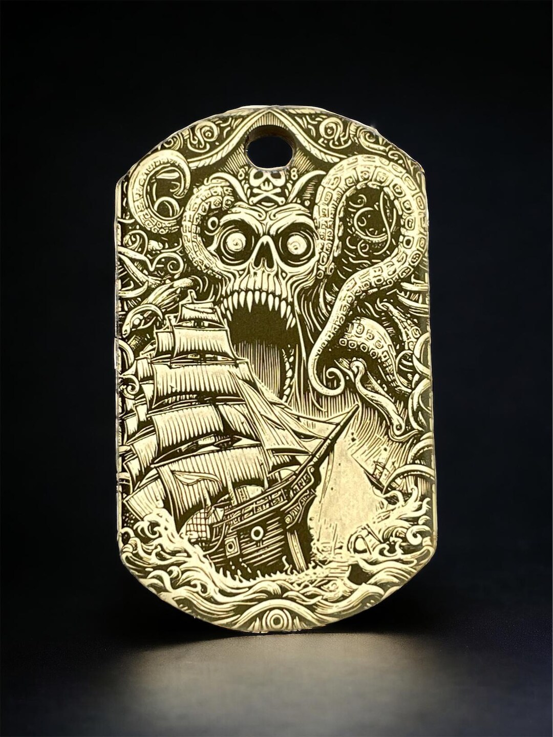 Depths of the Kraken - Pirate Ship & Kraken Brass Dog Tag Necklace ...