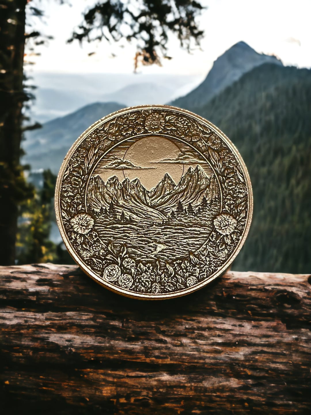 Sunset Serenity - Brass Coin With Mountain and Tree Landscape (double ...