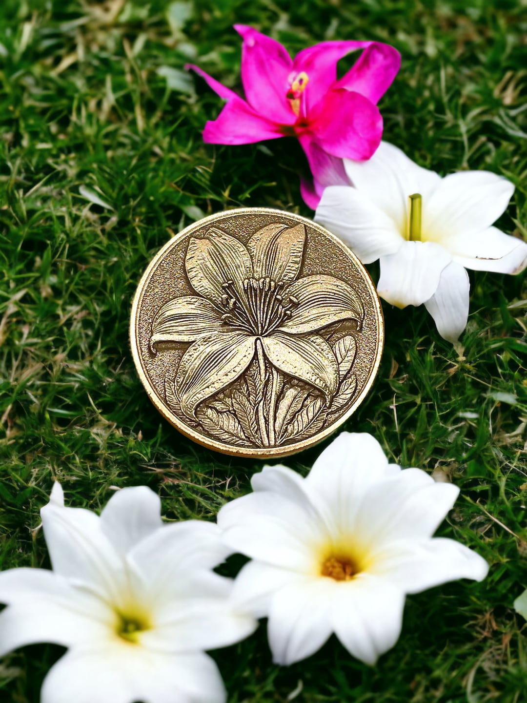 Tranquil Blooms - Brass Coin With Lily Flower (double-sided) - Etsy
