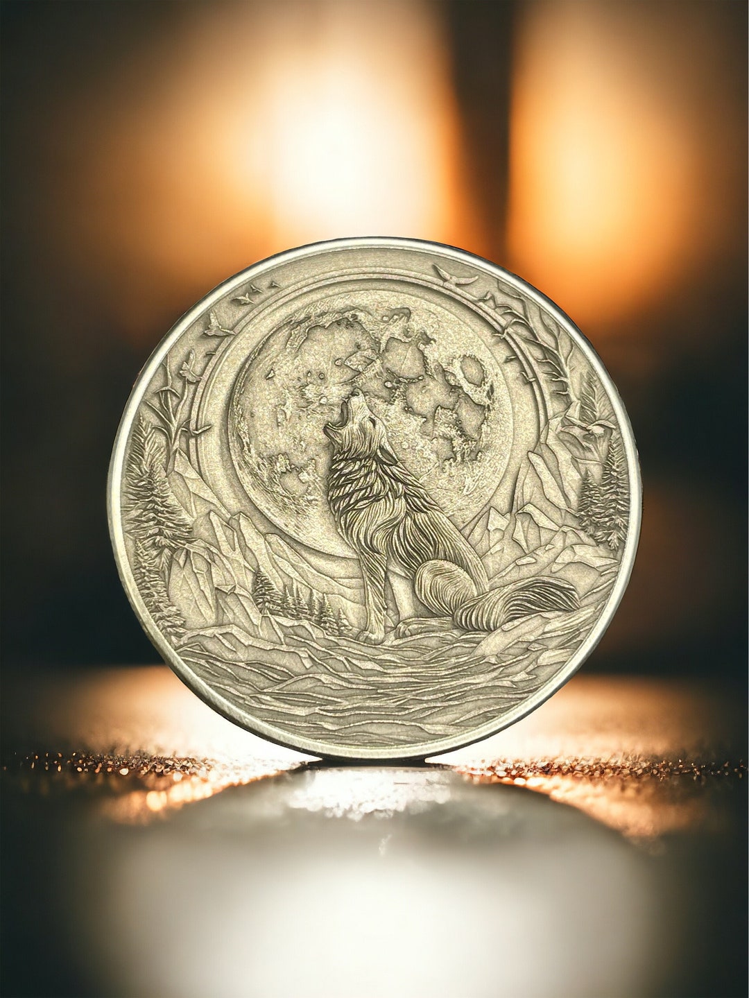 Moonlit Howl Brass Coin With Wolf double-sided - Etsy