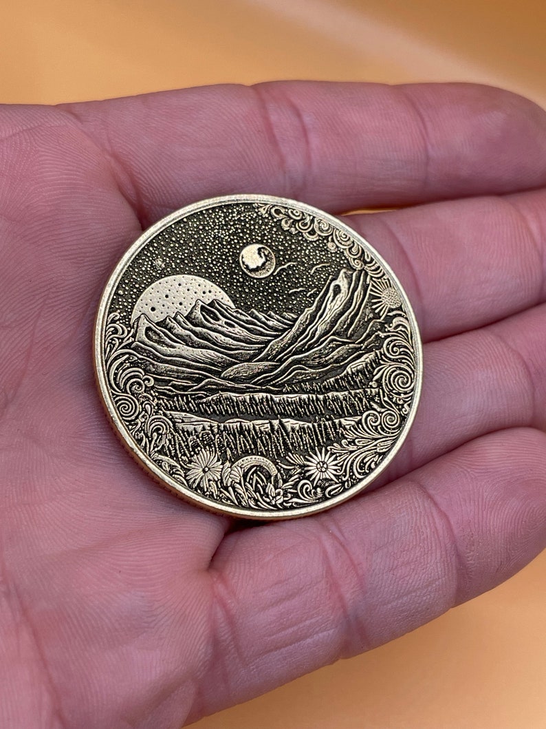 Celestial Peaks - Brass Coin With Mountain Landscape and Dual Moons ...