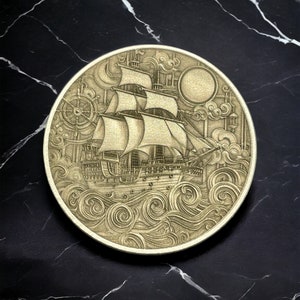 High Seas Adventure: Brass Coin With Pirate Ship Engraving (double ...