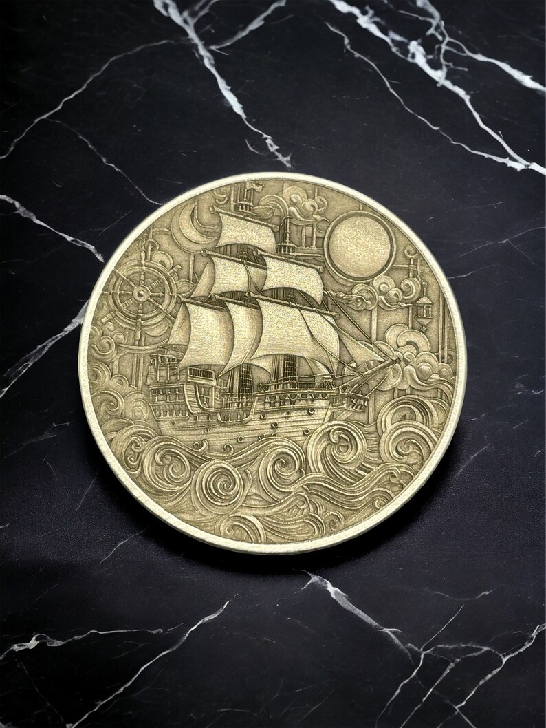 High Seas Adventure: Brass Coin With Pirate Ship Engraving (double ...