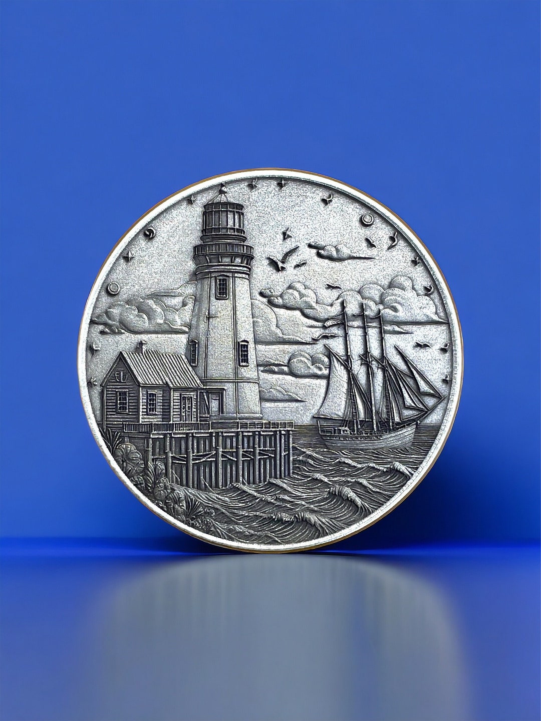 Guiding Waves - Brass Coin With Lighthouse and Boat (double-sided) - Etsy