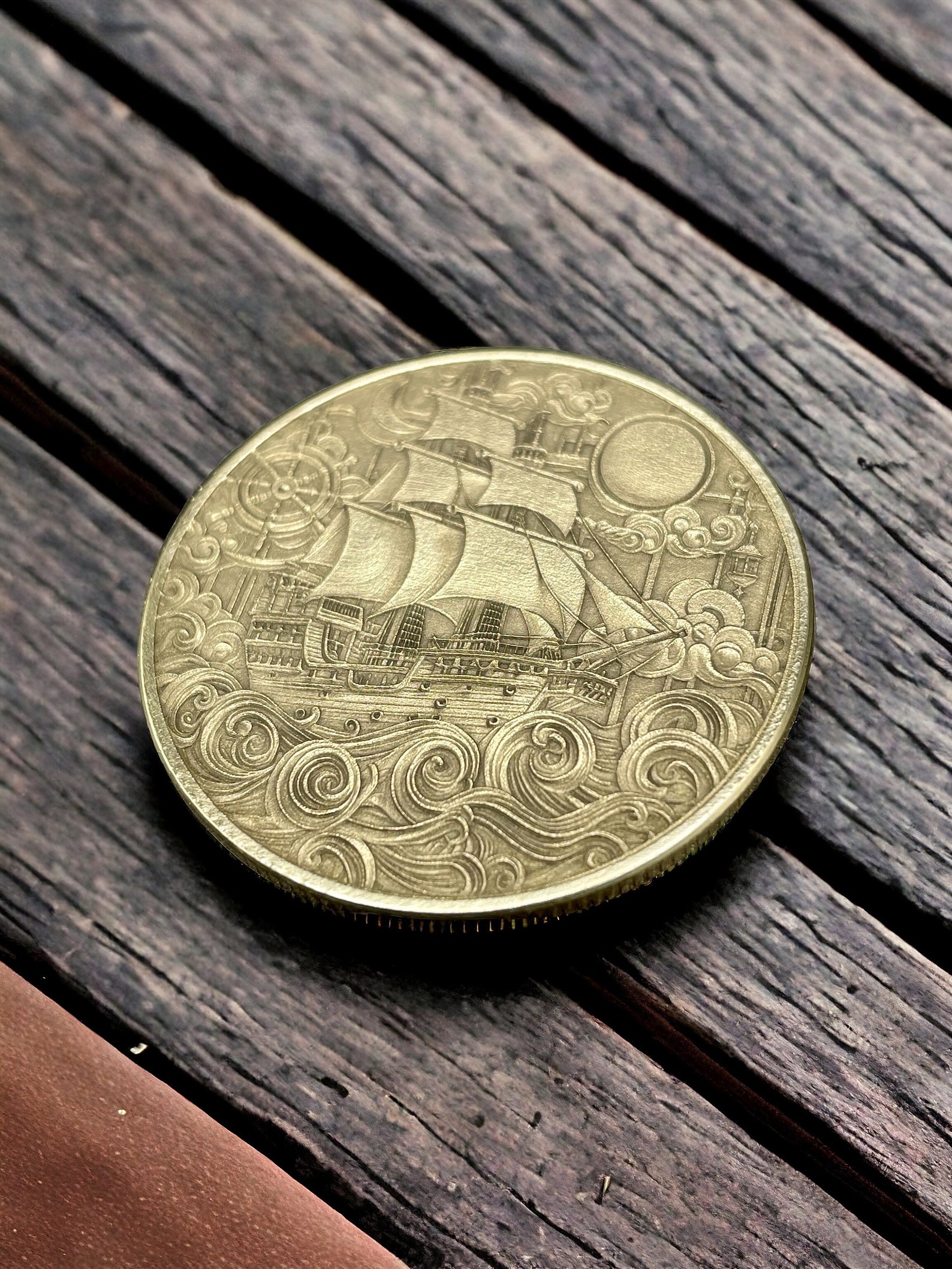High Seas Adventure: Brass Coin With Pirate Ship Engraving (double ...