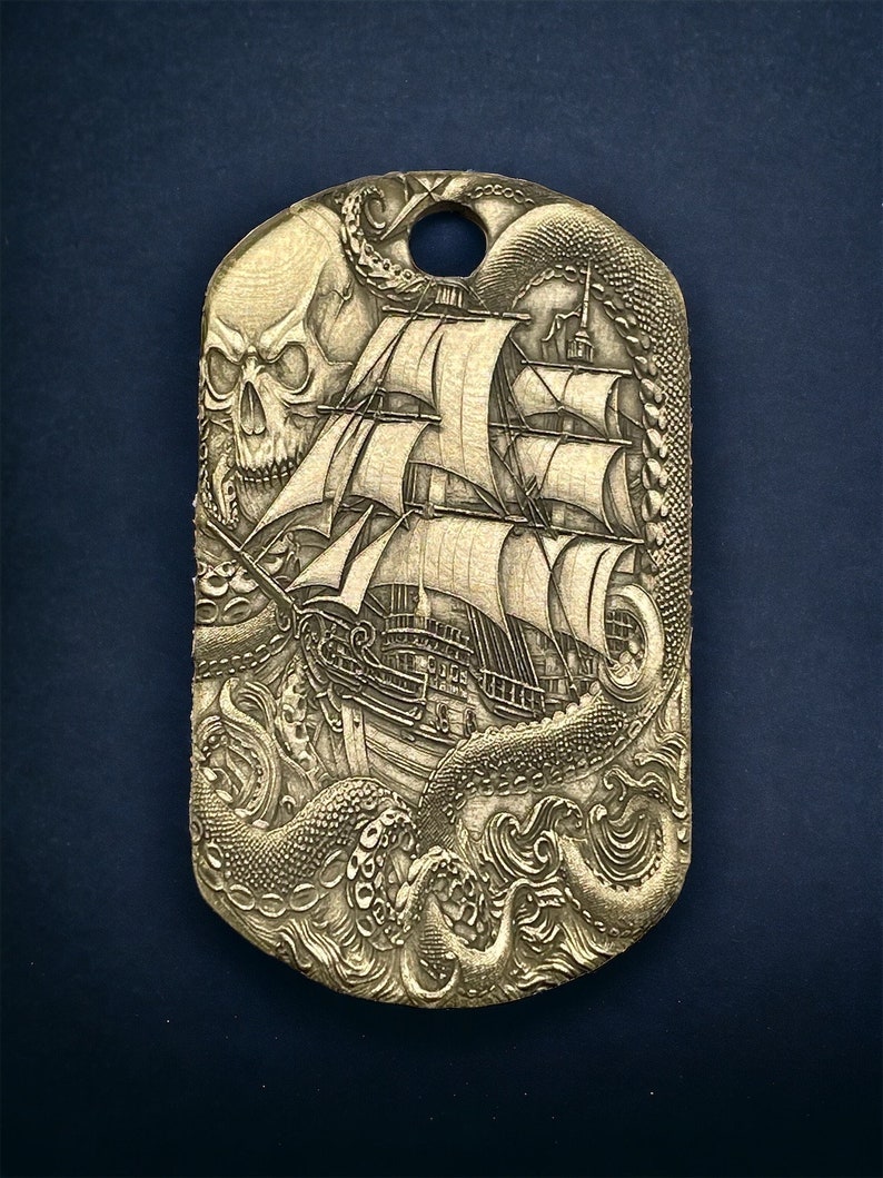 Kraken’s Fury - Pirate Ship & Kraken Brass Dog Tag Necklace/keychain ...