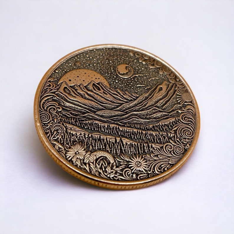 Celestial Peaks - Brass Coin With Mountain Landscape and Dual Moons ...