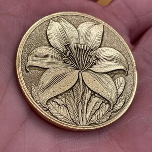 Botanical Brass Coin Set - Cherry Blossom, Rose, and Lily - Symbolic ...