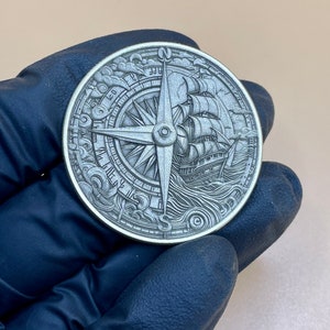 Voyager's Duality - Brass Coin With Compass and Pirate Ship (double ...