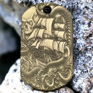 Kraken’s Fury - Pirate Ship & Kraken Brass Dog Tag Necklace/keychain ...