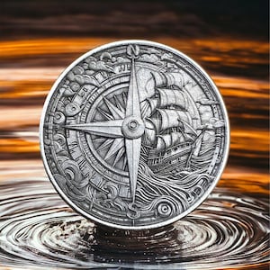Voyager's Duality - Brass Coin With Compass and Pirate Ship (double ...
