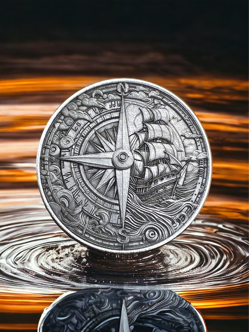 Voyager's Duality - Brass Coin With Compass and Pirate Ship (double ...