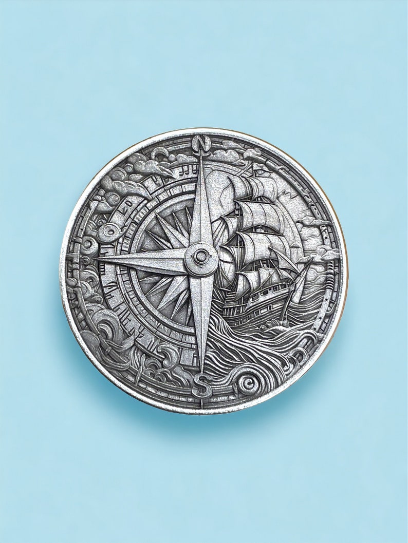 Voyager's Duality - Brass Coin With Compass and Pirate Ship (double ...
