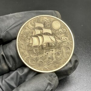 High Seas Adventure: Brass Coin With Pirate Ship Engraving (double ...