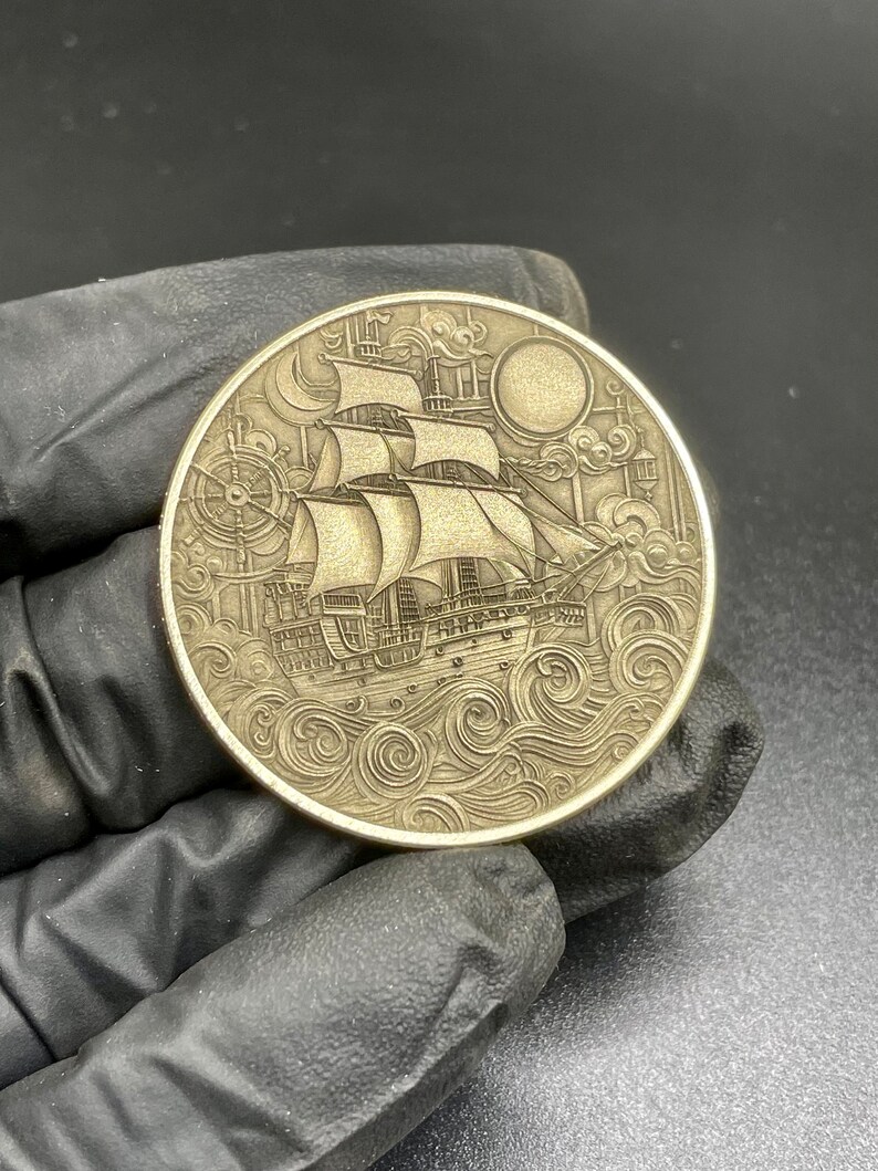 High Seas Adventure: Brass Coin With Pirate Ship Engraving (double ...