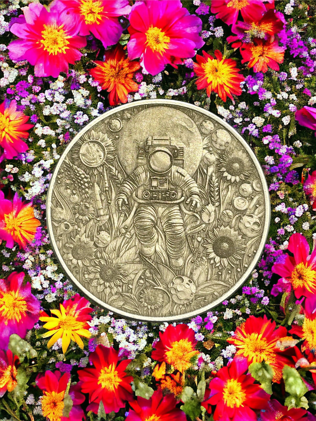 Celestial Explorer - Astronaut & Flowers Engraved Brass Coin (double ...