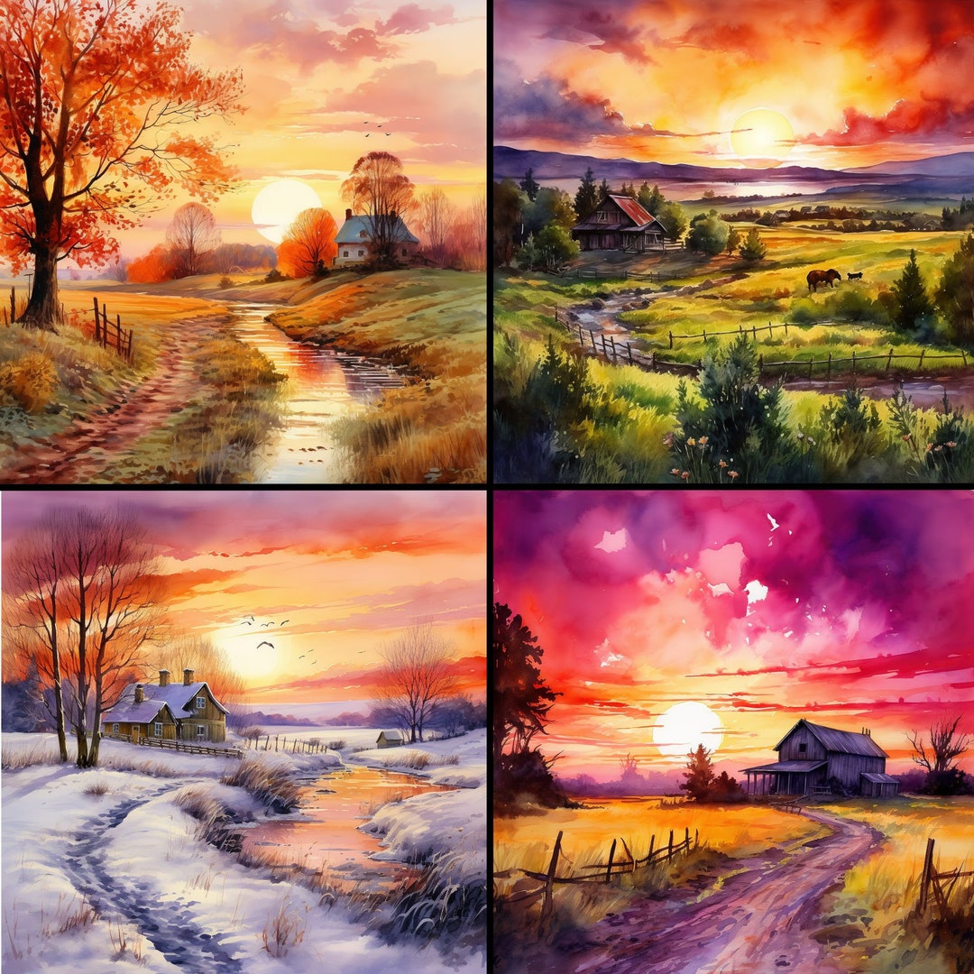 Watercolor 24 Landscape Countryside Sunset Scenery Four Seasons ...