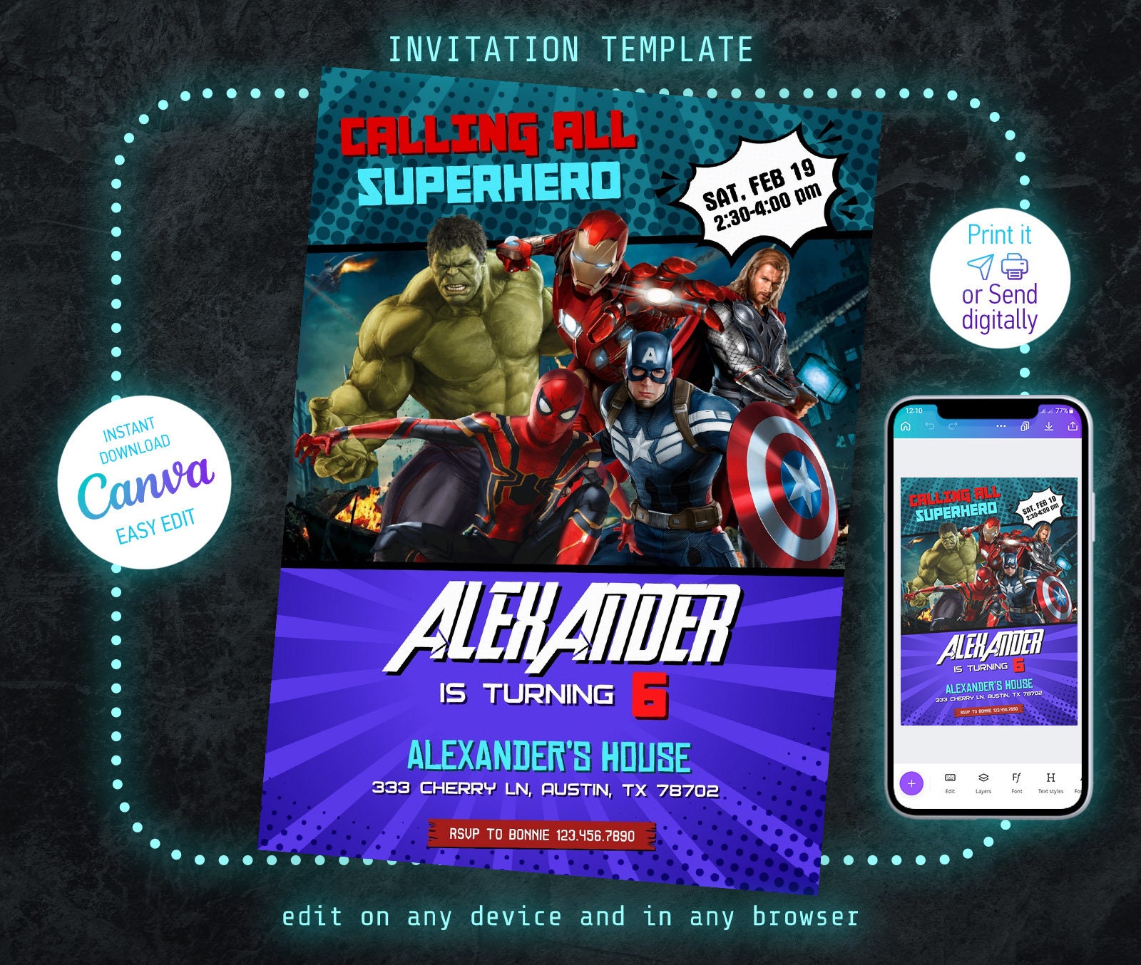 Avengers Invitation, Editable Invitation, Printable Boy Birthday Invite ...
