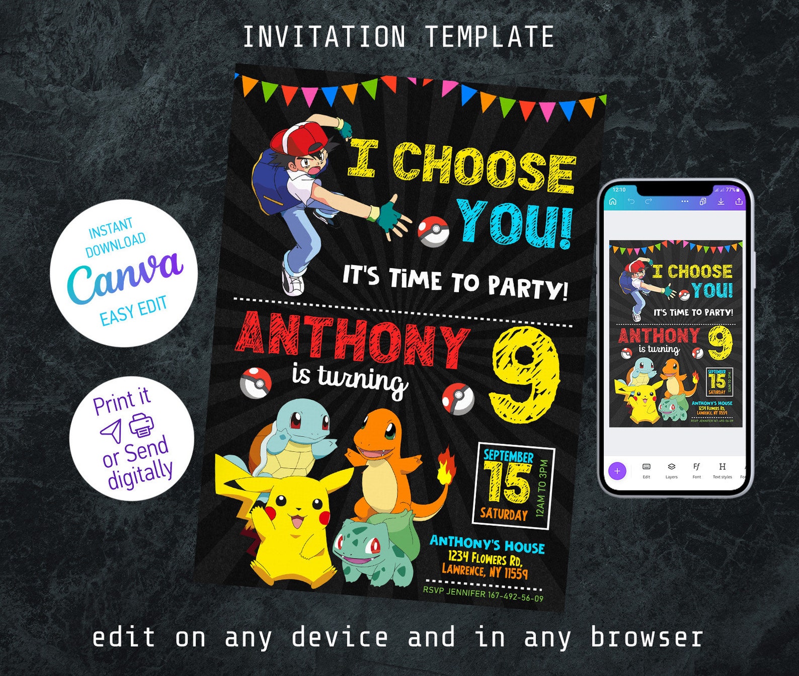 Pokemone Birthday Invite, Printable Birthday Invitation, Pikachu Invite ...
