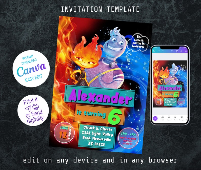 Elemental Printable Birthday Party Invite Digital Template, Editable ...