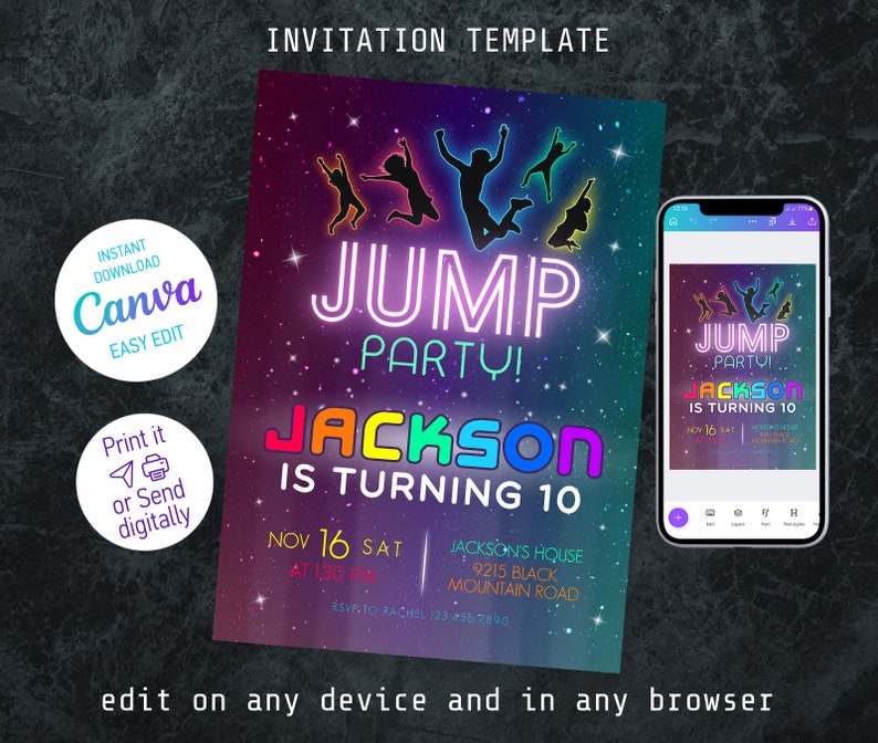 Printable Birthday Invite, Jump Invitation Editable Invitation ...
