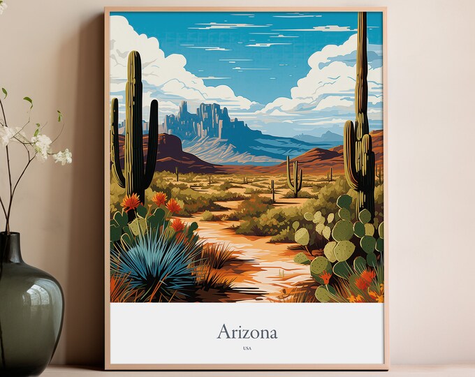 Arizona Travel Poster, Saguaro Cactus Poster, Arizona Vintage Poster ...